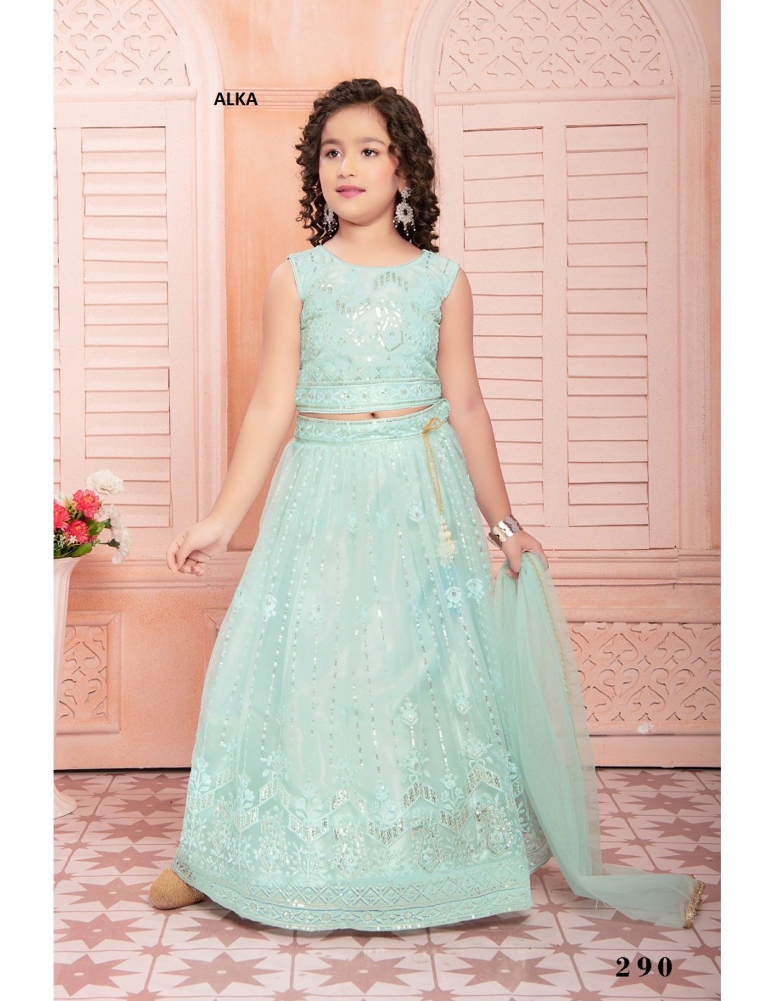 Lehenga choli sari fille enfant Susana doré Vert Enfant ( Tenue ind...