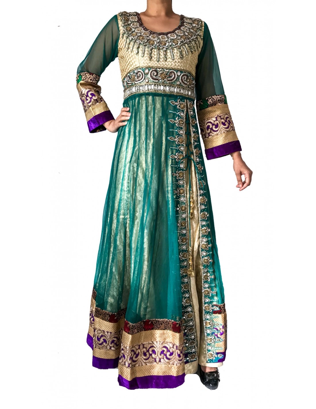 Salwar Kameez Anarkali Beige & vert Robe indienne (sari indien, tun...