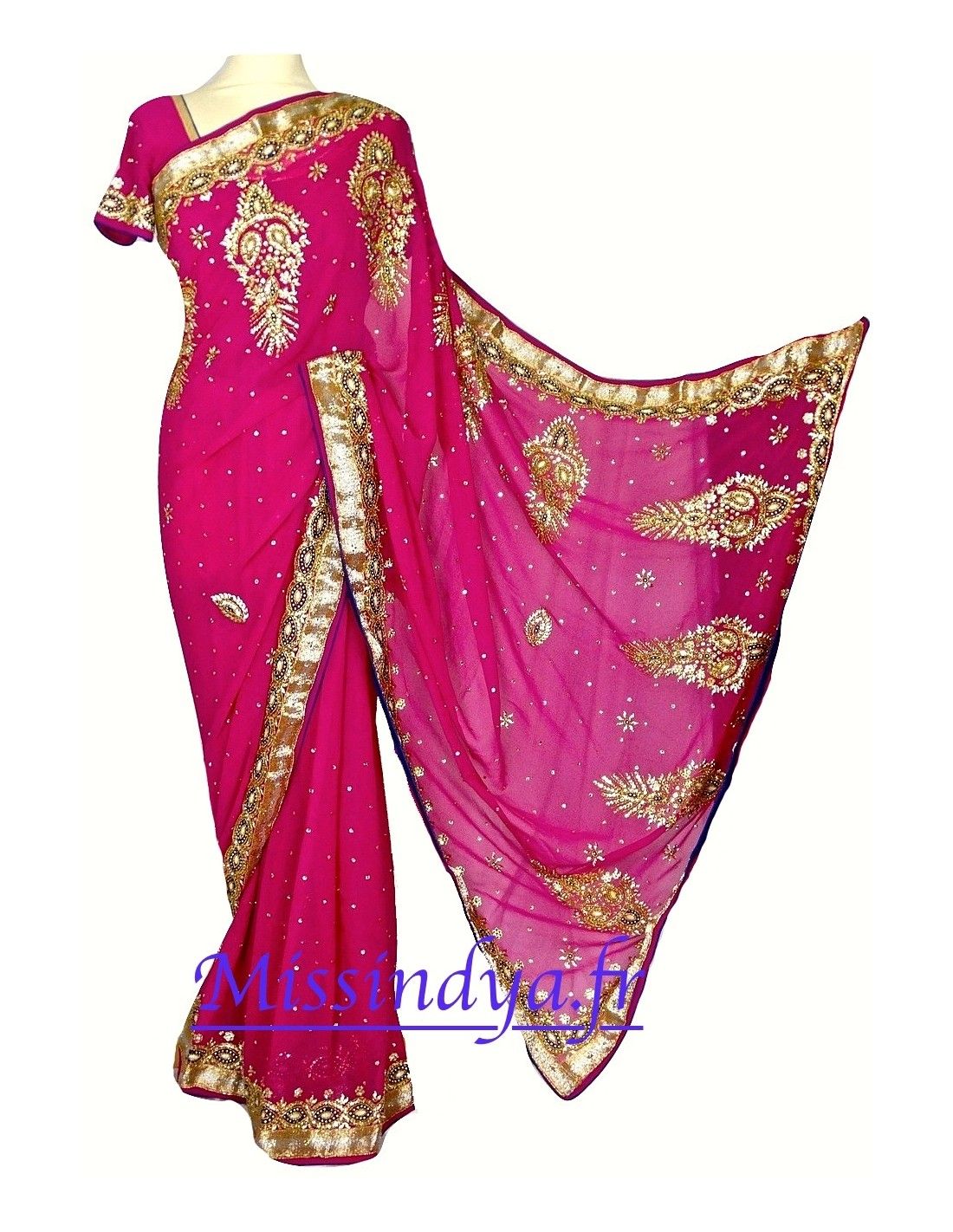 Sari indien Gulkand prêt à porter Rouge Bordeaux et dore Sari indien