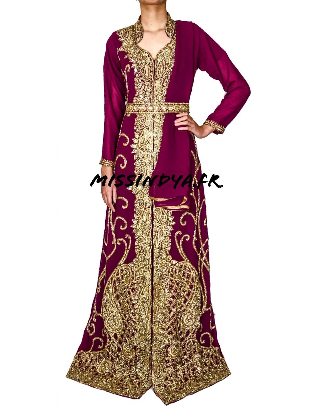 Robe de Soirée style caftan Mailka Prune dore Robe indienne (sari i...