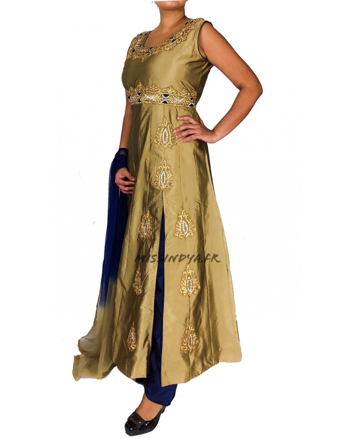 Salwar Kameez Sharma doré et bleu nuit Robe indienne (sari indien,