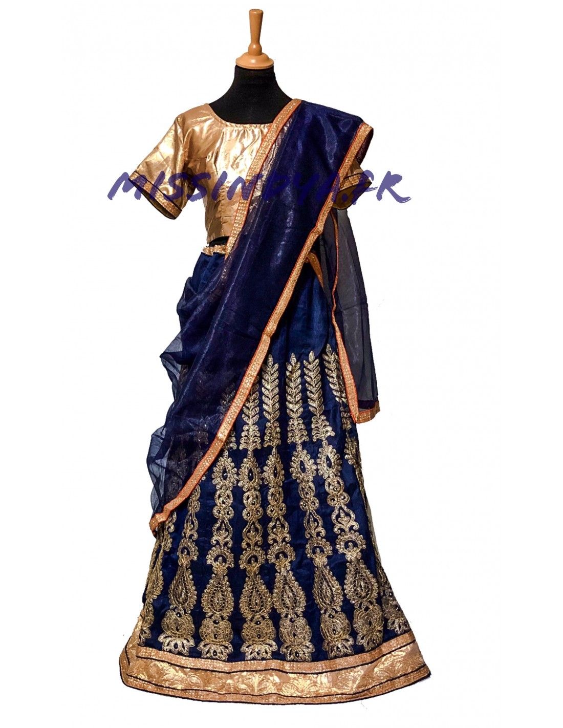 Lehenga choli Sari Manish bleu marine et doré Lehenga choli (ensemb...