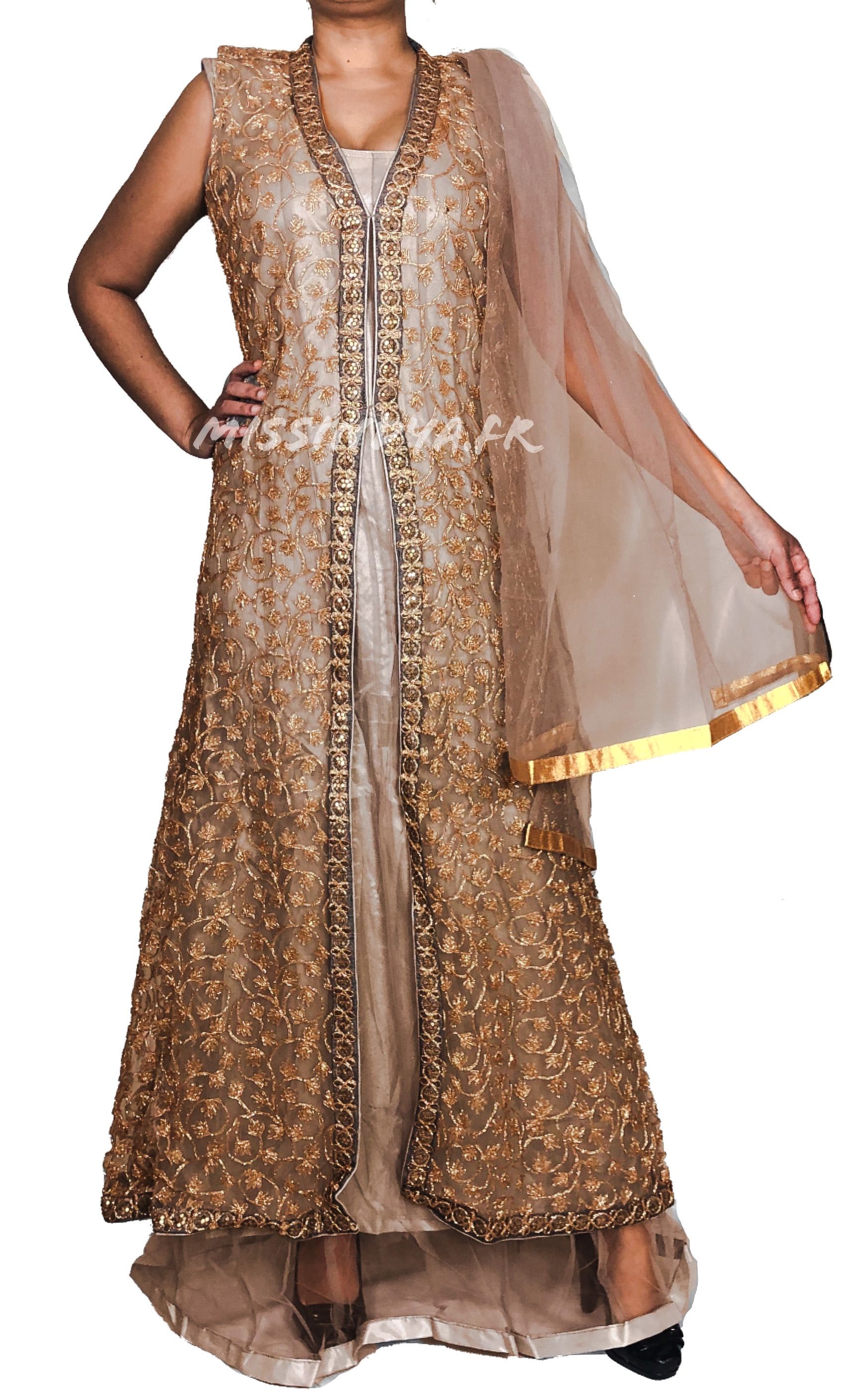 Salwar Kameez Tenue indienne taupe dorée Robe indienne (sari indie...