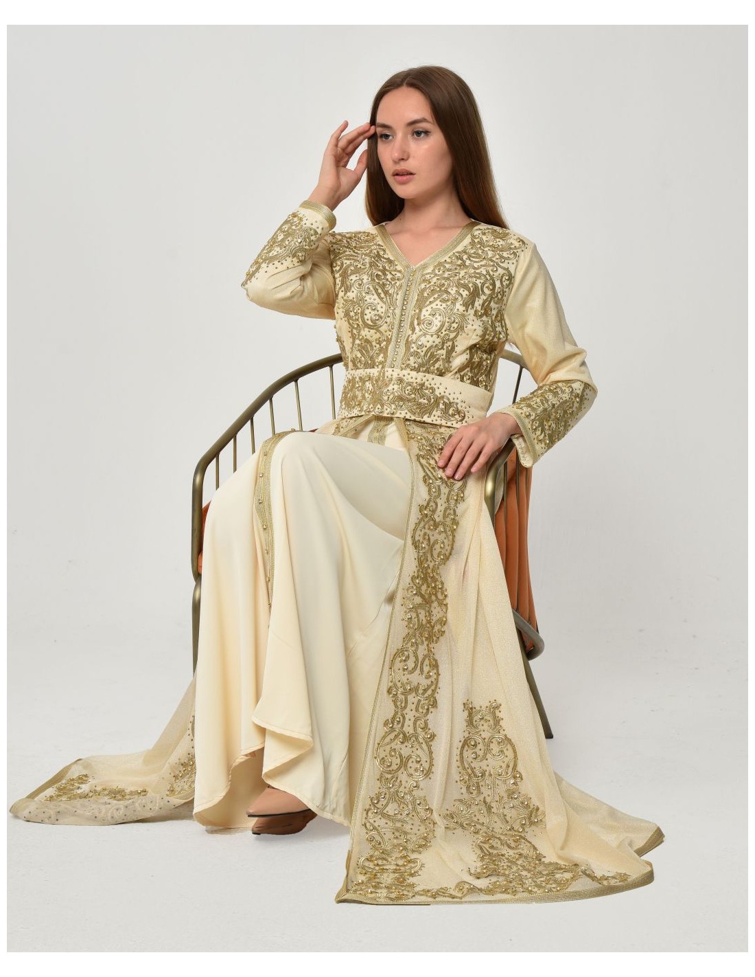 Caftan marocain Beige Dore robe oriental Chic moderne MY22 Caftan R...