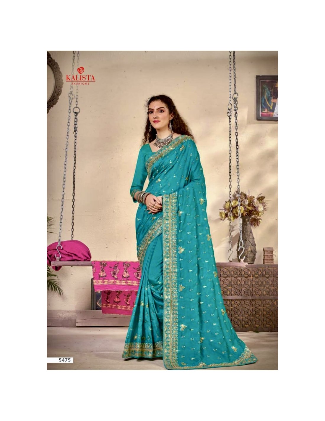 Sari indien Kalista prêt à porter Bleu turquoise et dore Sari indien