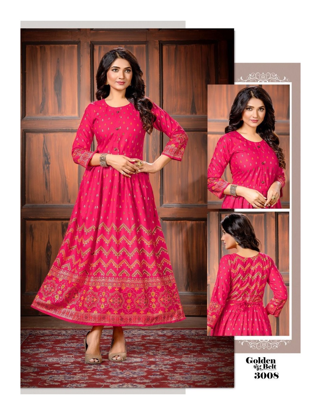 Robe longue Kurti Golden belt Tunique indienne Rose Robe indienne