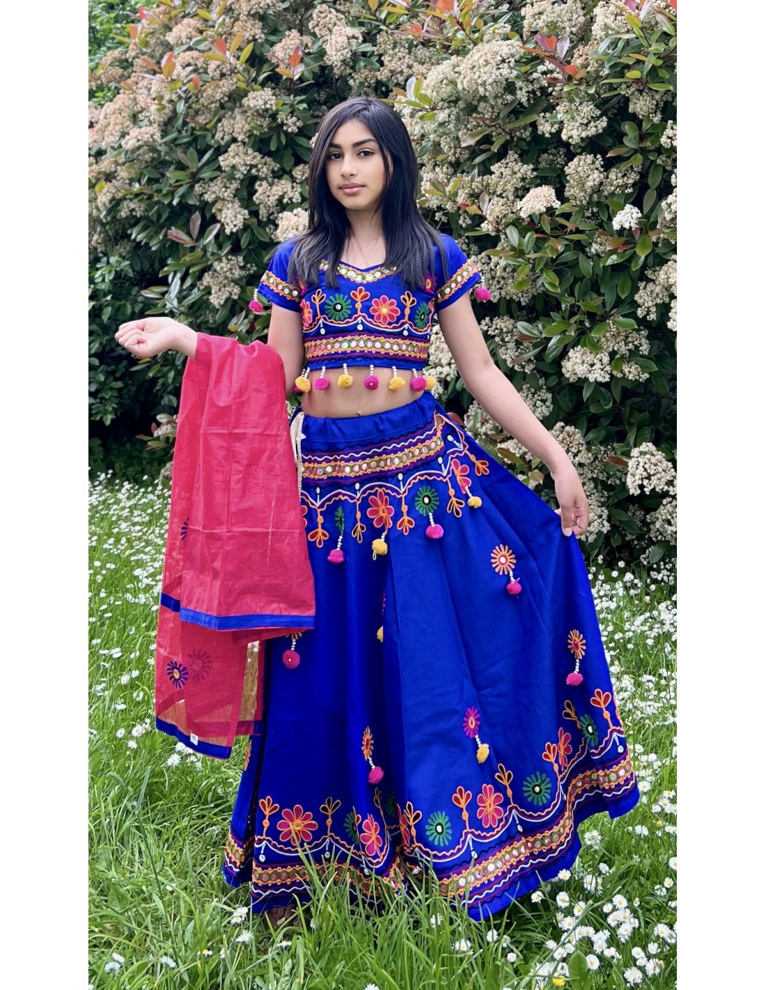Lehenga choli sari fille Boheme doré Bleu Enfant ( Tenue indien fil...